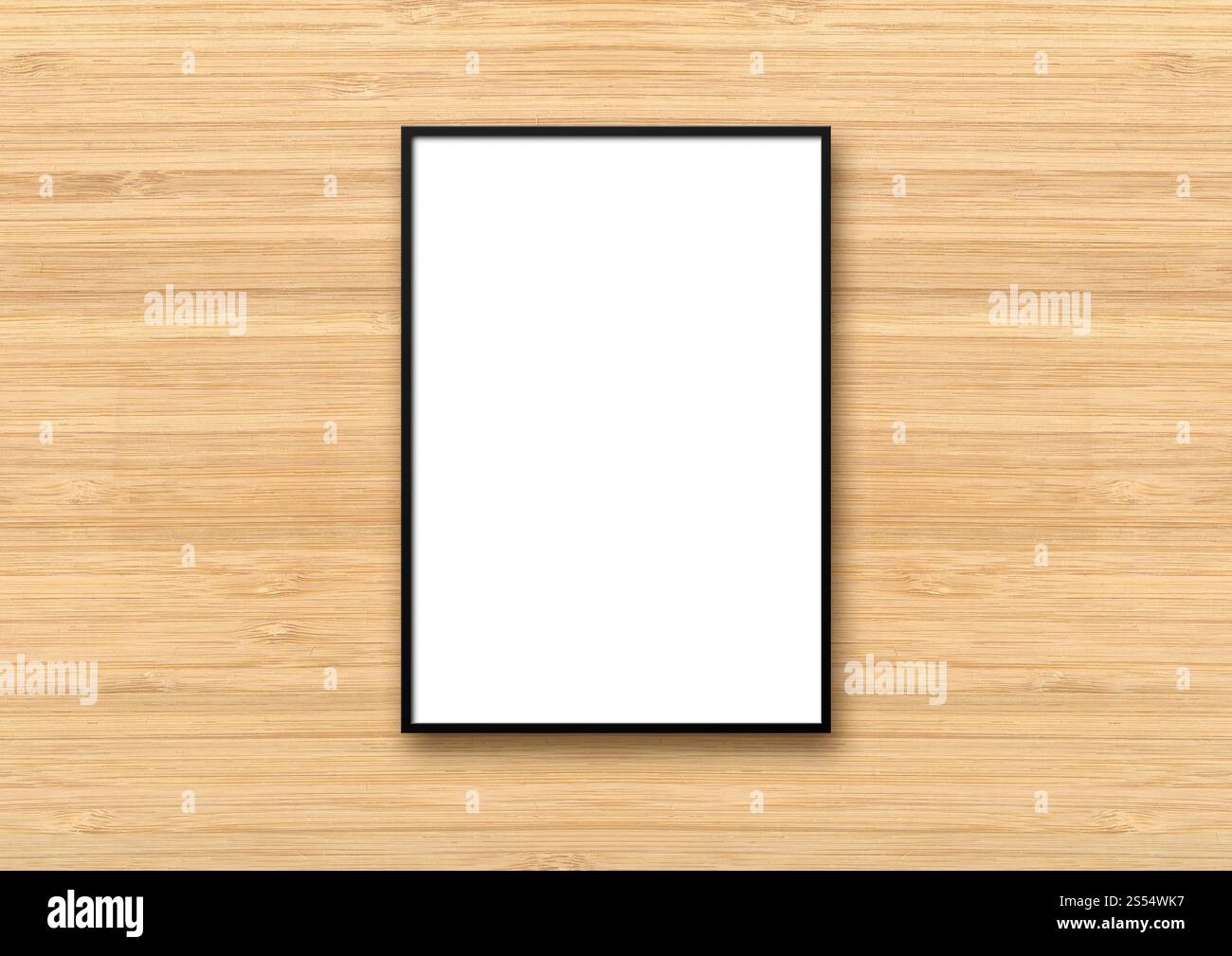 Black picture frame hanging on a light wooden wall. Blank mockup ...