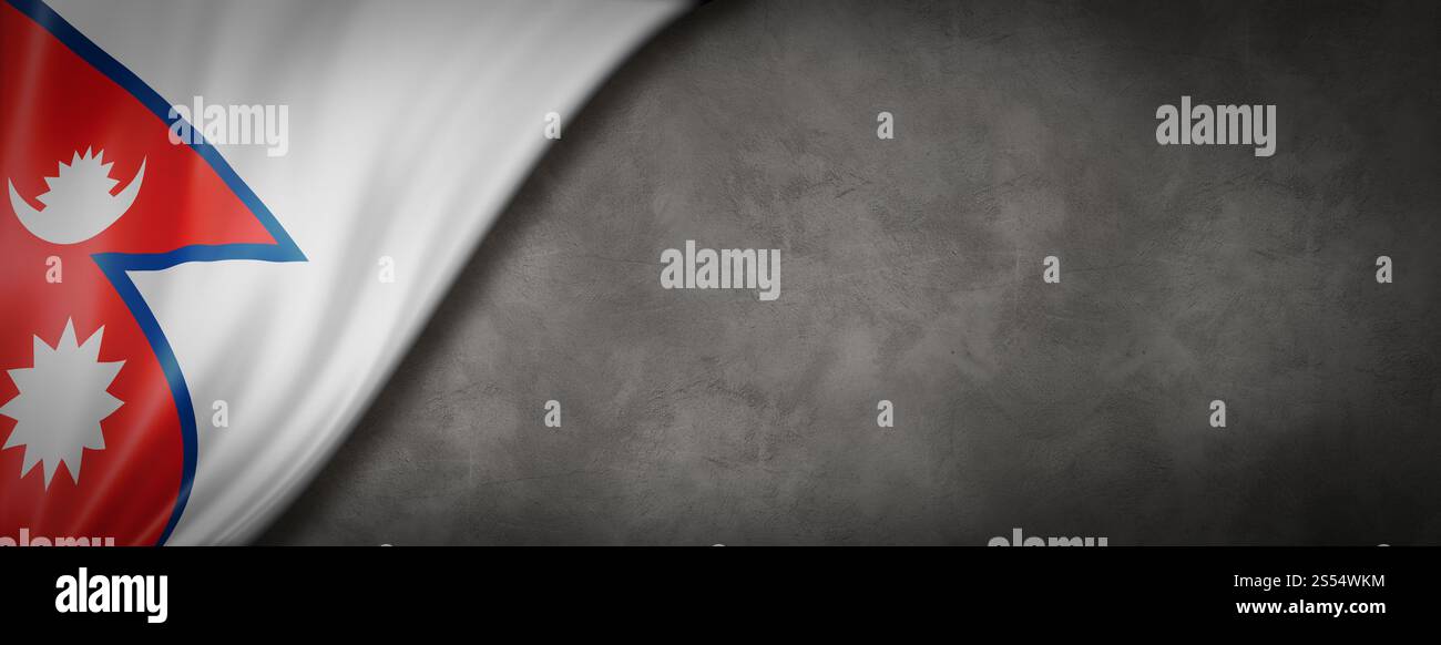 Nepal flag on concrete wall. Horizontal panoramic banner. 3D ...