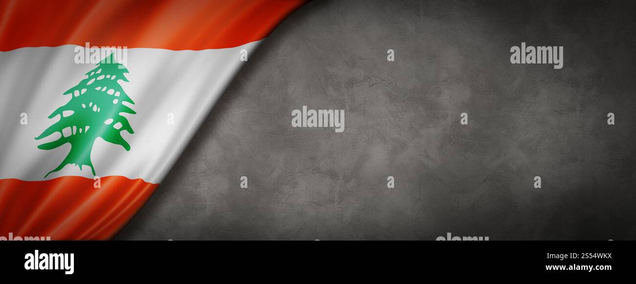 Lebanon flag on concrete wall. Horizontal panoramic banner. 3D ...
