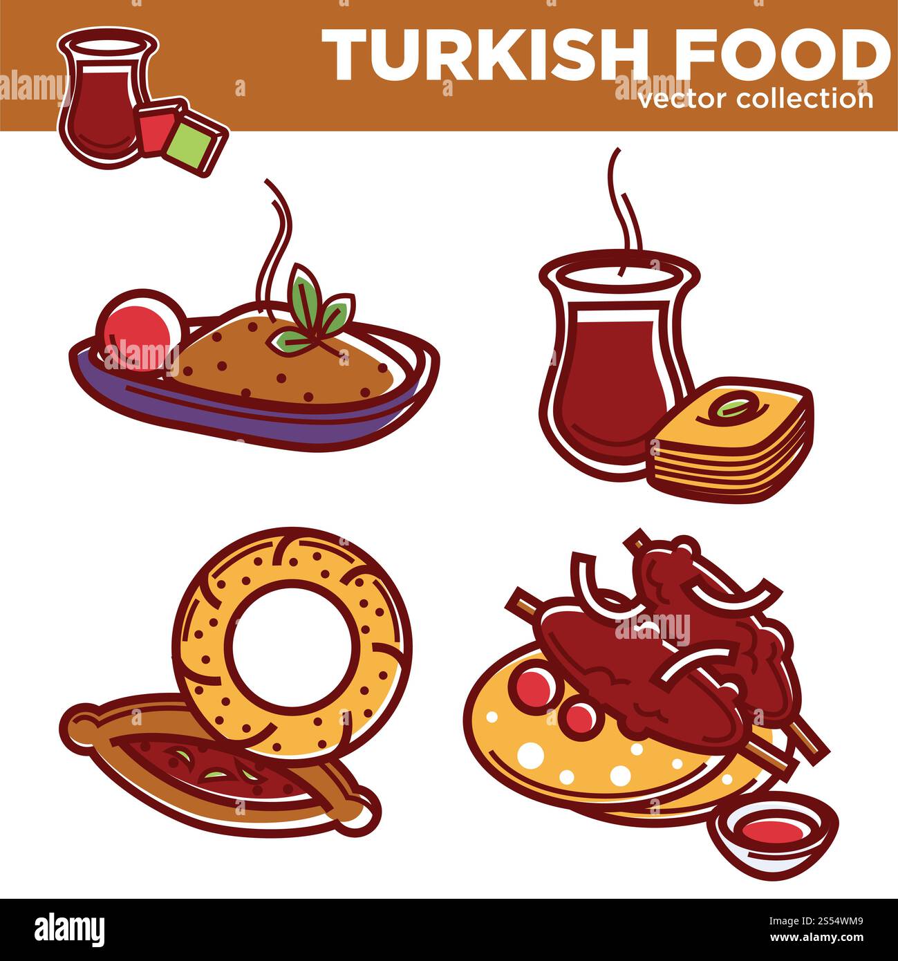 Turkish food vector collection with delicious hot dishes. Rice with ...
