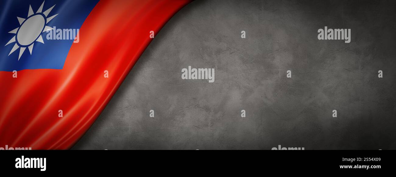 Taiwan flag on concrete wall. Horizontal panoramic banner. 3D ...