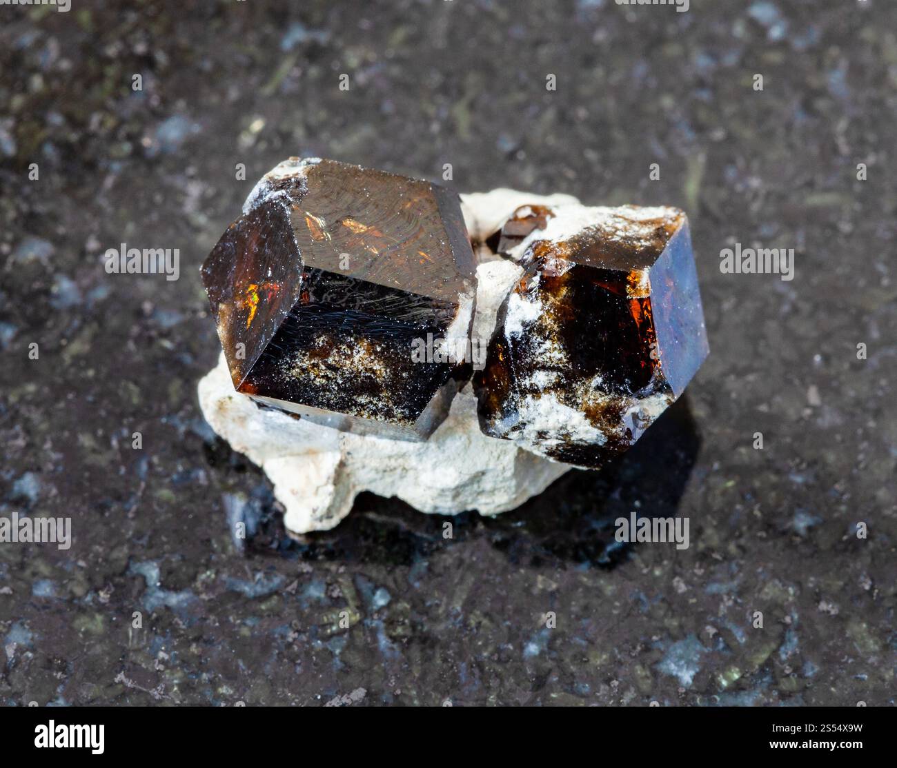 closeup of sample of natural mineral from geological collection - raw Andradite garnet rock on ...