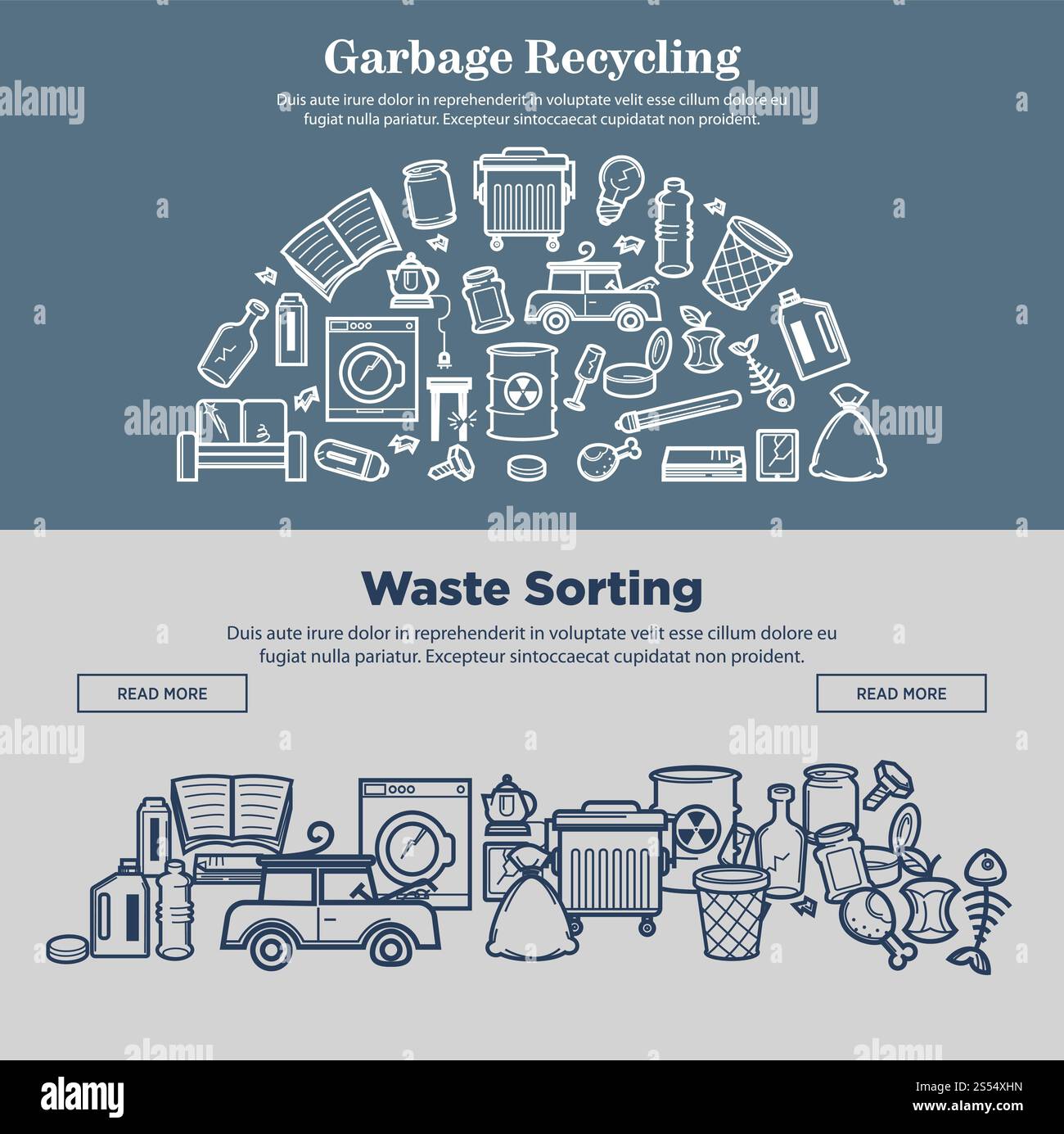 Garbage recycling and waste sorting promotional Internet pages. Broken ...