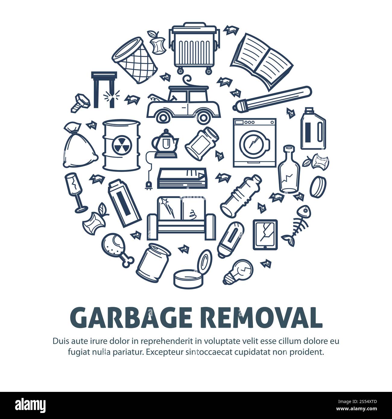 Garbage removal promo poster with trash in circle and sample text ...