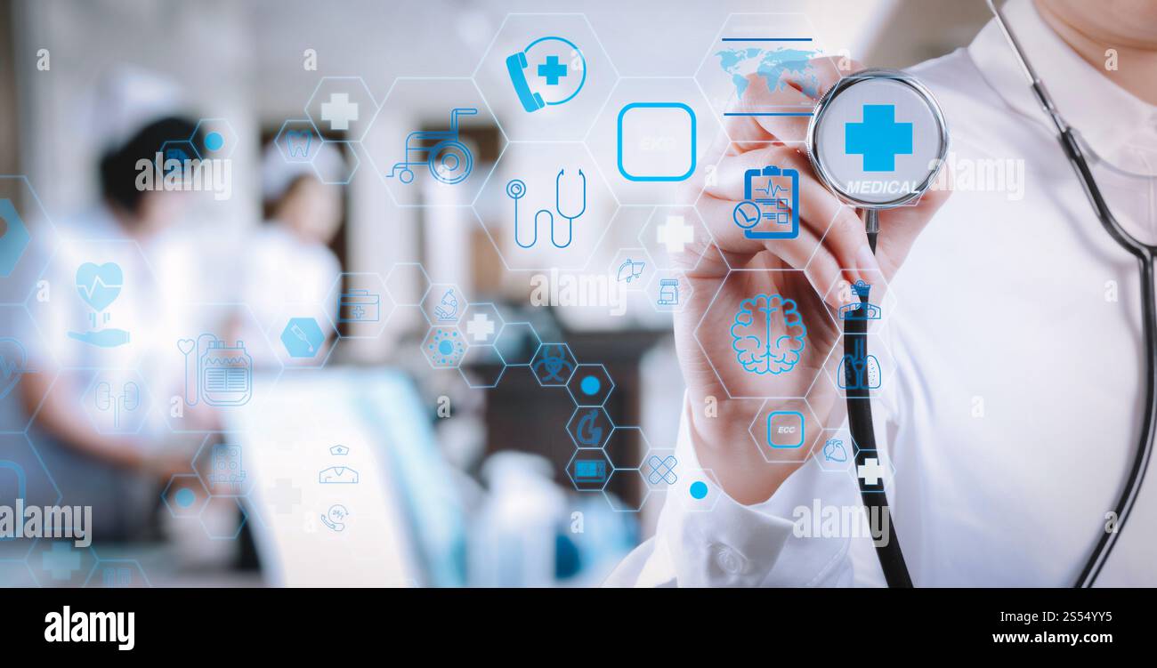 Health care and medical technology services concept with flat line AR ...