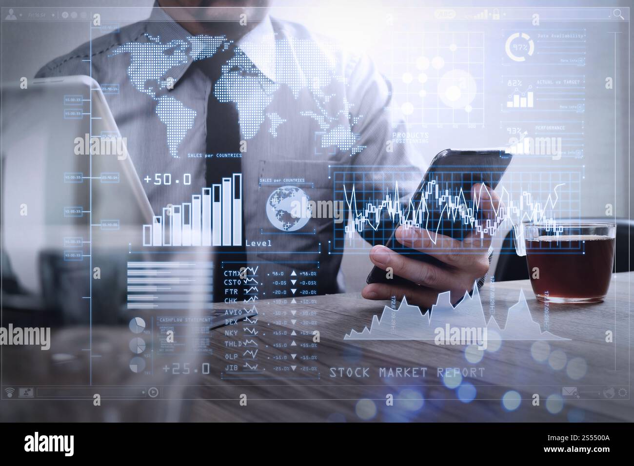 Investor analyzing stock market report and financial dashboard with ...