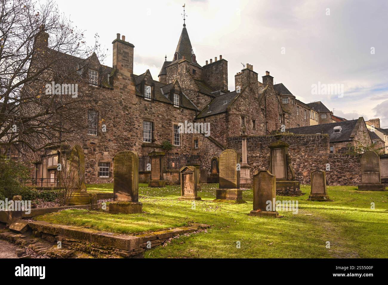 Old graveyard and stone buildings in the heart of Edinburgh, Old Town ...