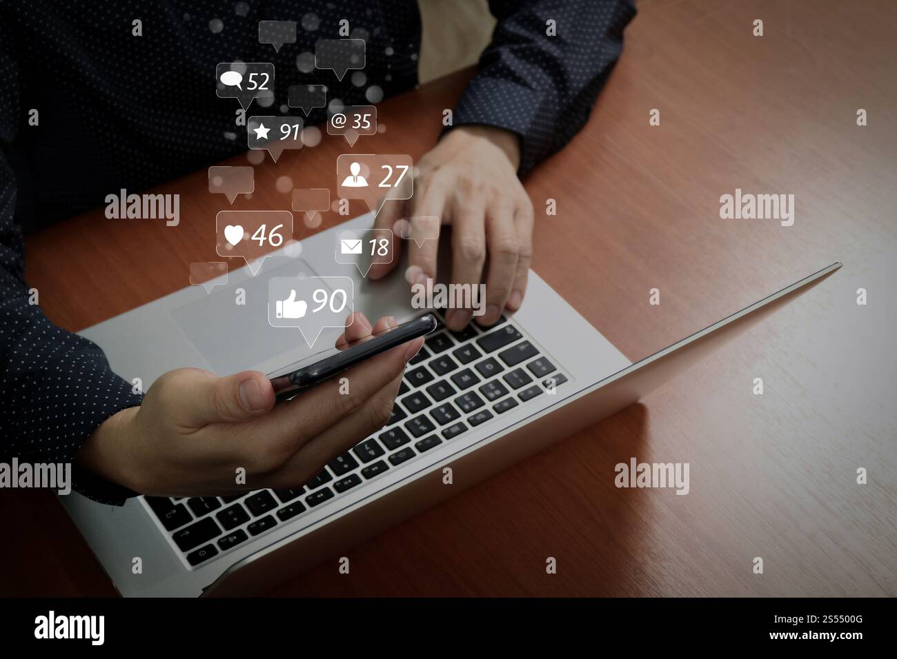 Social media and Marketing virtual icons screen concept.business man ...