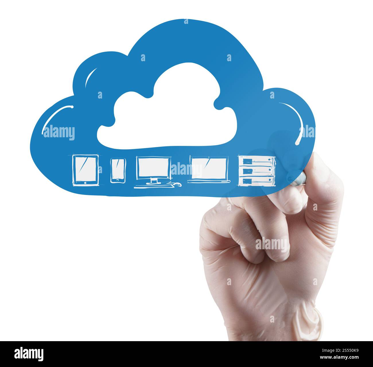 technician hand drawing a Cloud Computing diagram on the new computer ...