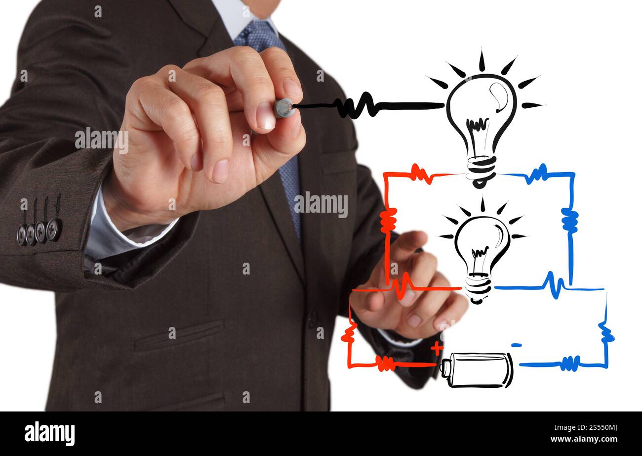 businessman hand draws electrical diagram series and parallel ...