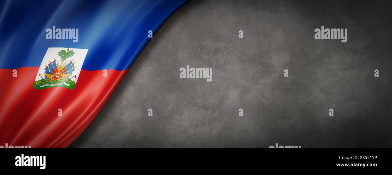 Haiti flag on concrete wall. Horizontal panoramic banner. 3D ...