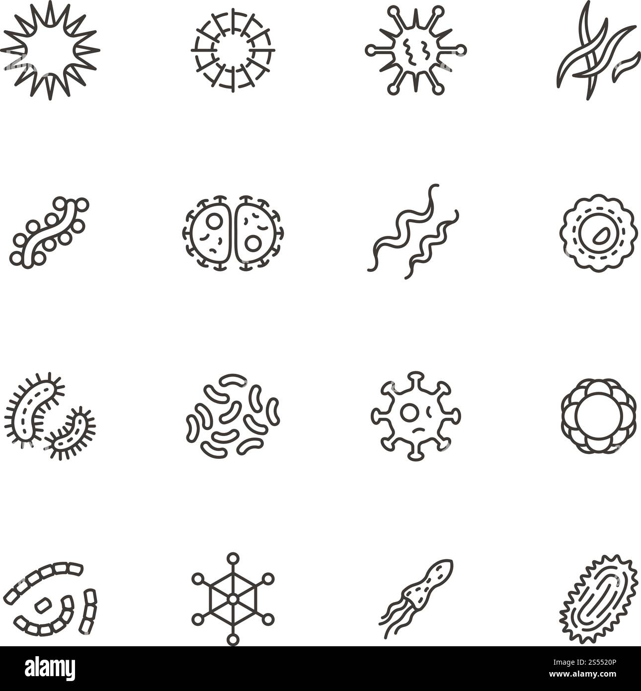 Illness bacilli, microbes, viruses and microorganisms line icons ...