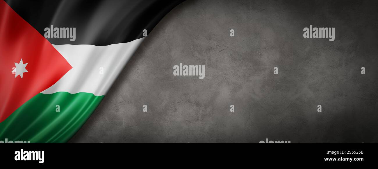 Jordan flag on concrete wall. Horizontal panoramic banner. 3D ...