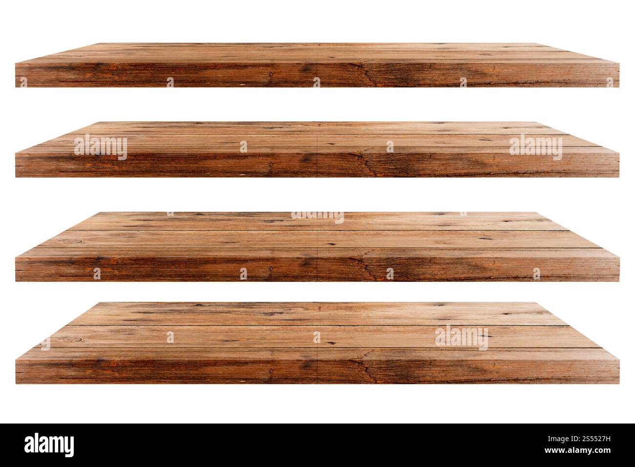Collection of wooden shelves on an isolated. Empty wood board shelf at ...