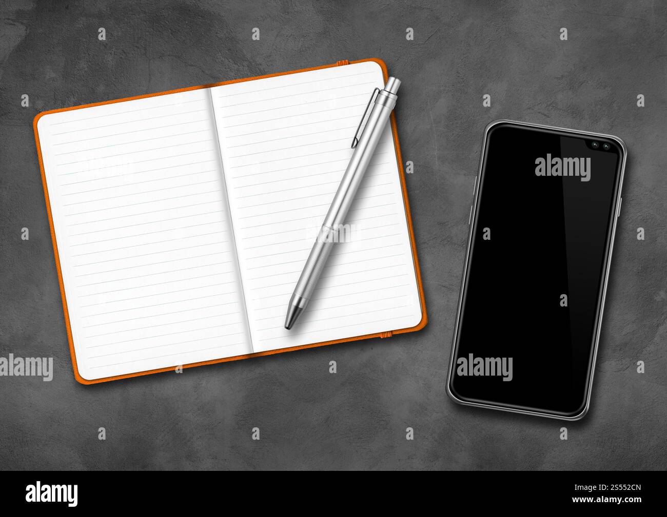 Open notebook, pen and smartphone on a concrete desk Stock Photo - Alamy