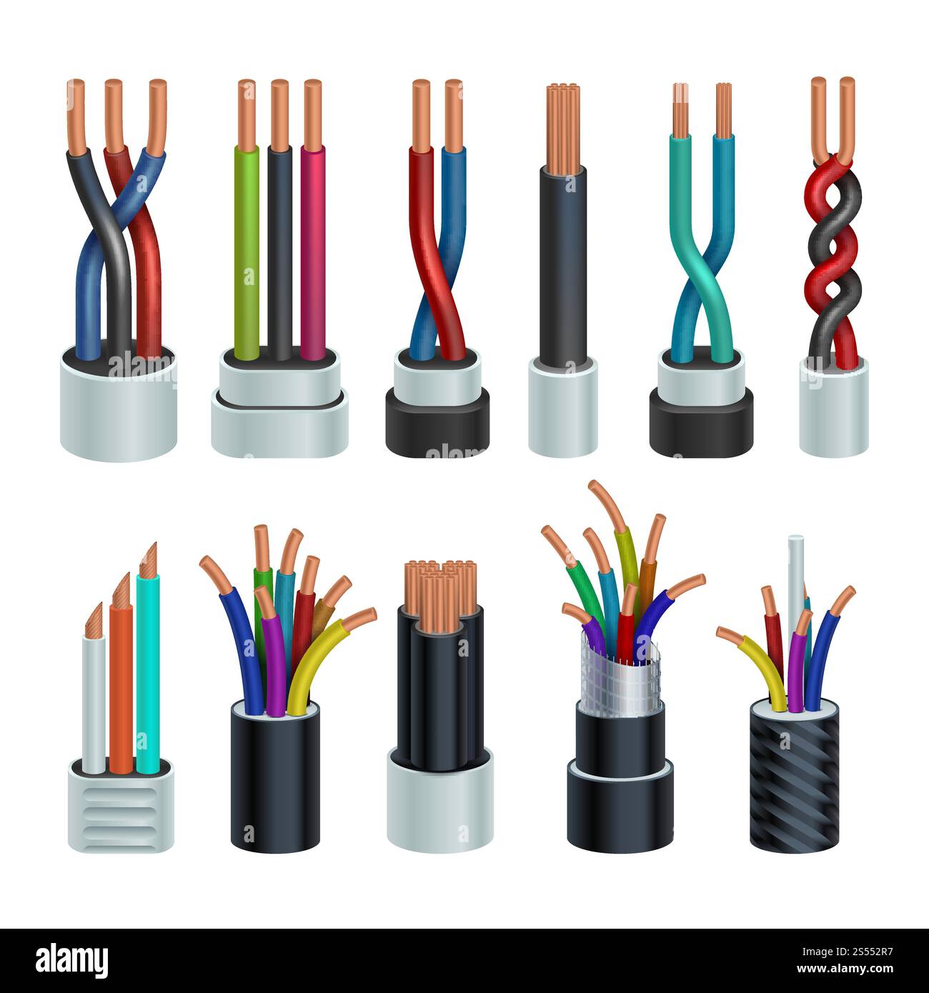 Realistic electric industrial cables, electrical copper wires vector ...