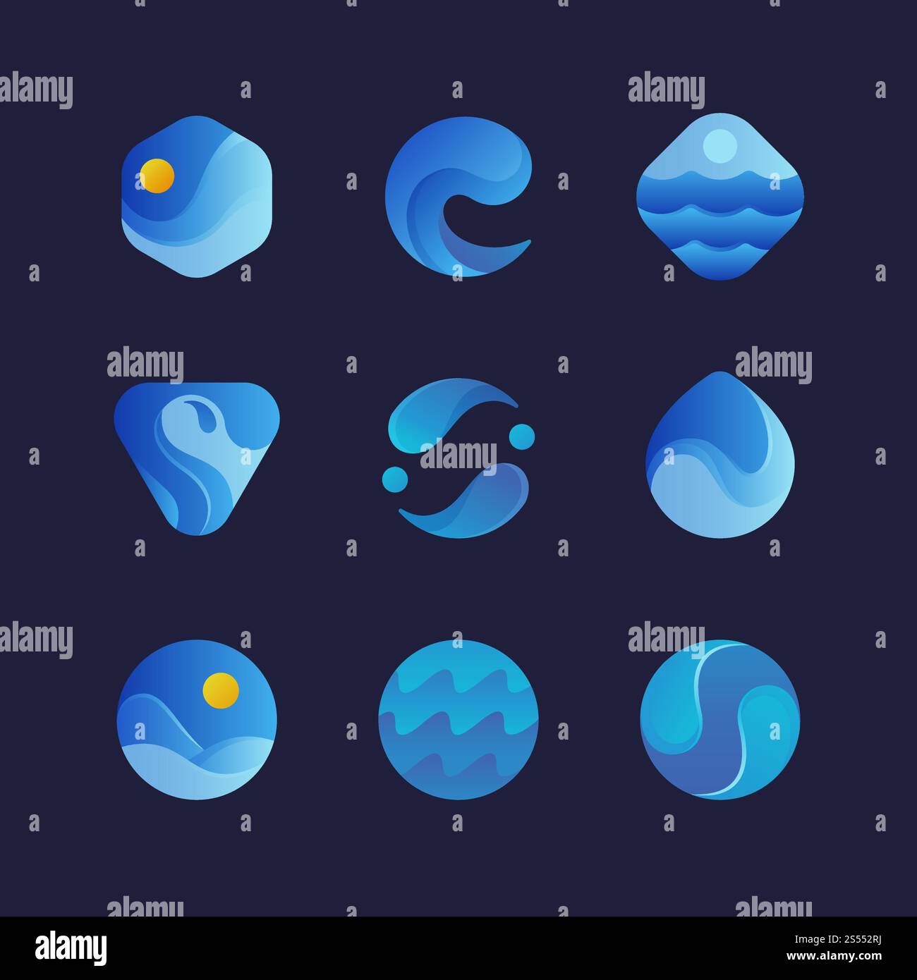 Sea water waves logos, blue wave splash abstract emblems. Isolated ...