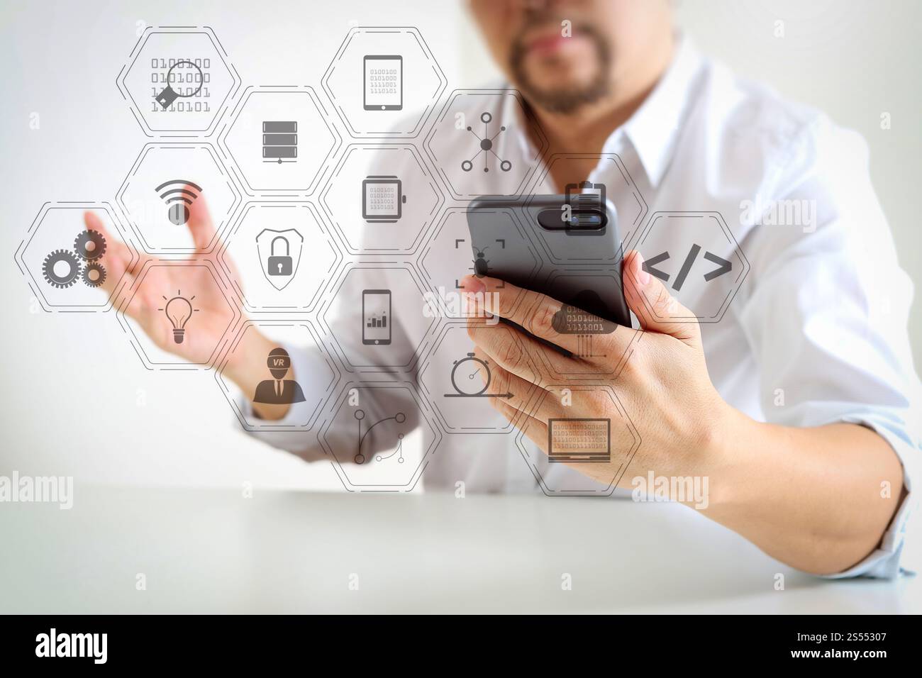 Coding software developer work with augmented reality dashboard ...