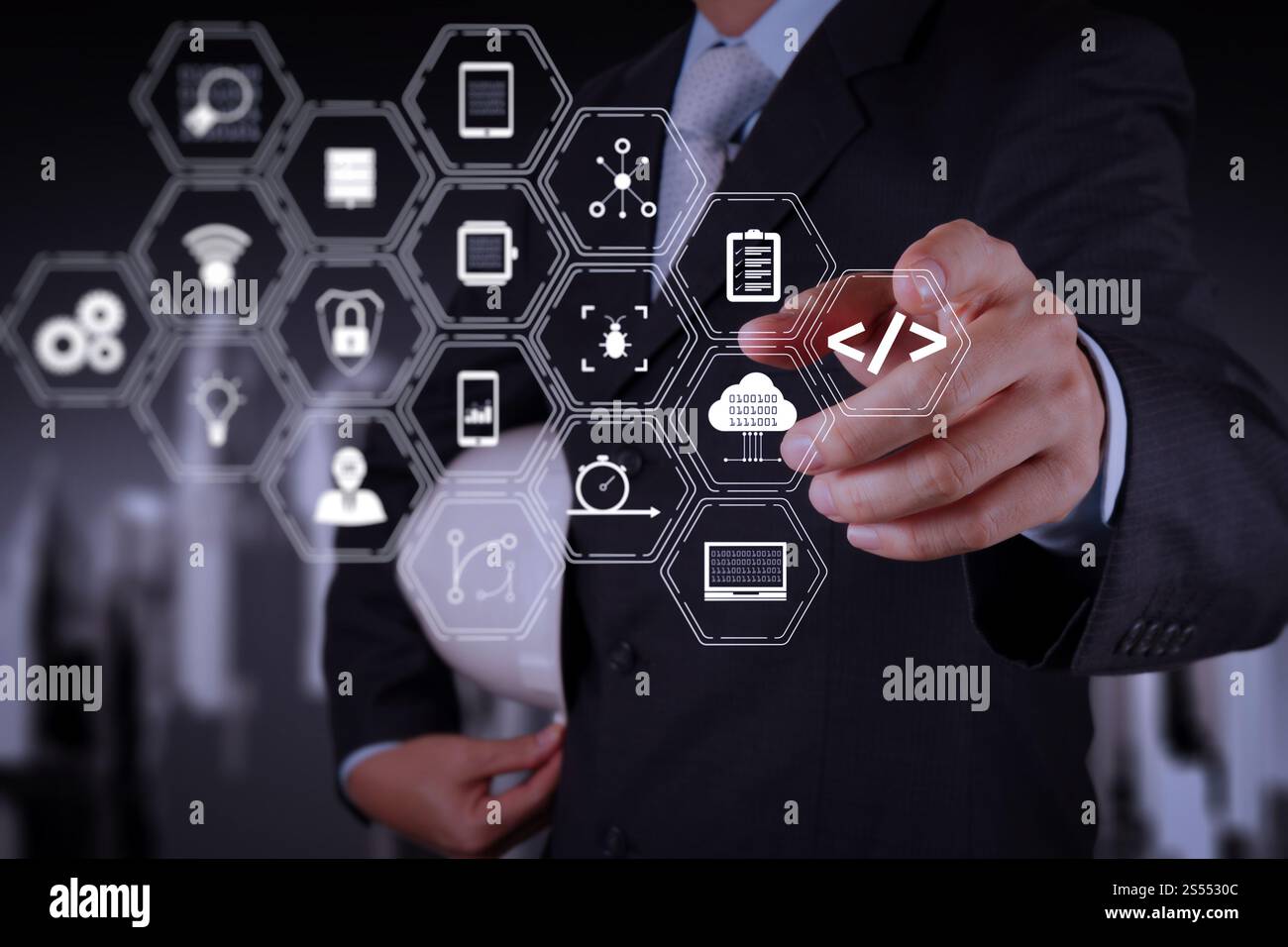 Coding software developer work with augmented reality dashboard computer icons of scrum agile ...