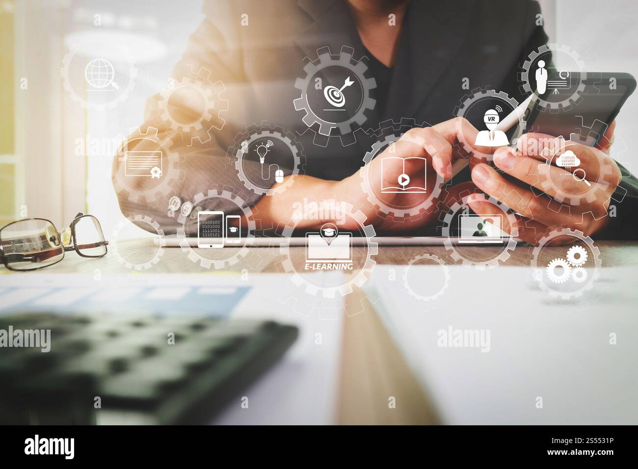 E-learning with connected gear cogs connected diagram virtual dashboard ...