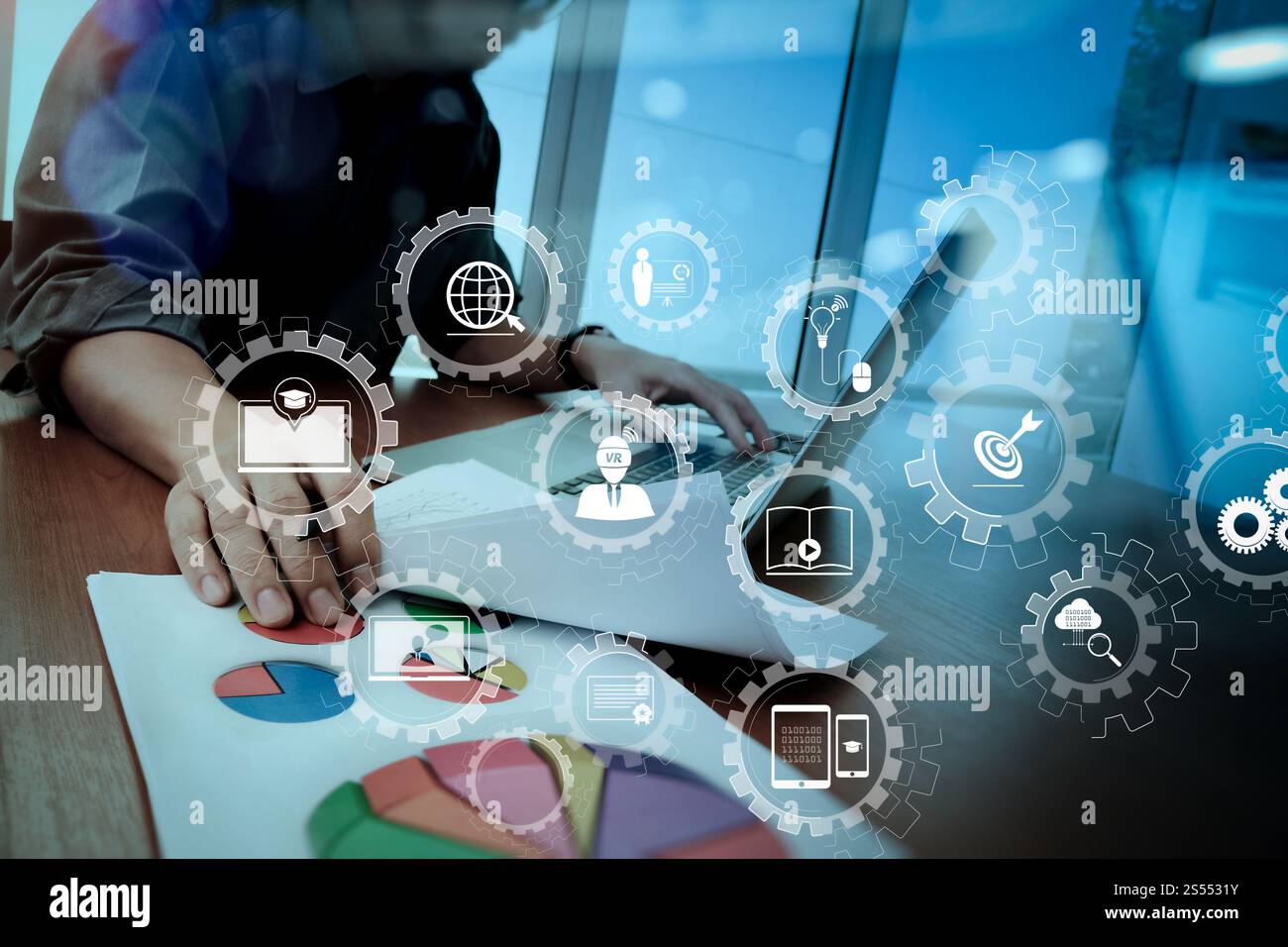 E-learning with connected gear cogs connected diagram virtual dashboard ...