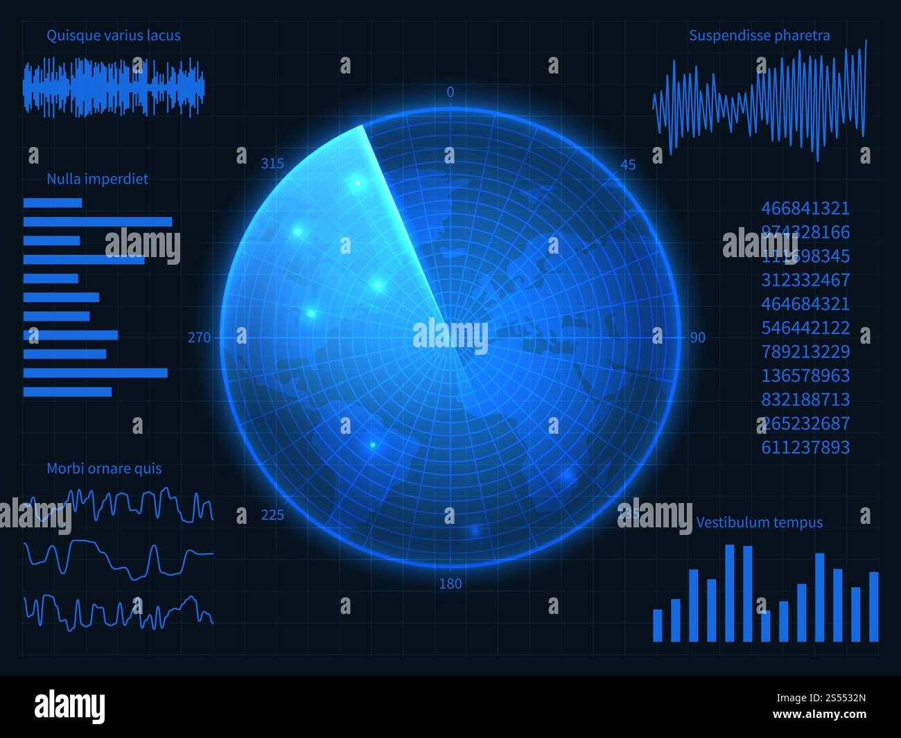 Military blue radar. Hud interface with sonar, charts and control ...