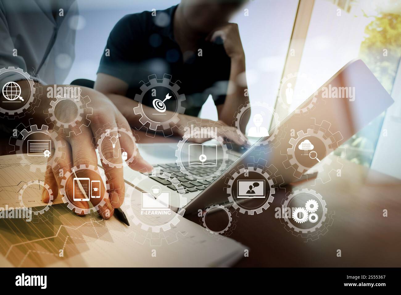 E-learning with connected gear cogs connected diagram virtual dashboard ...