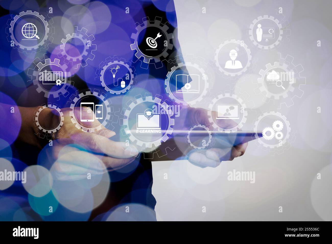 E-learning with connected gear cogs connected diagram virtual dashboard ...