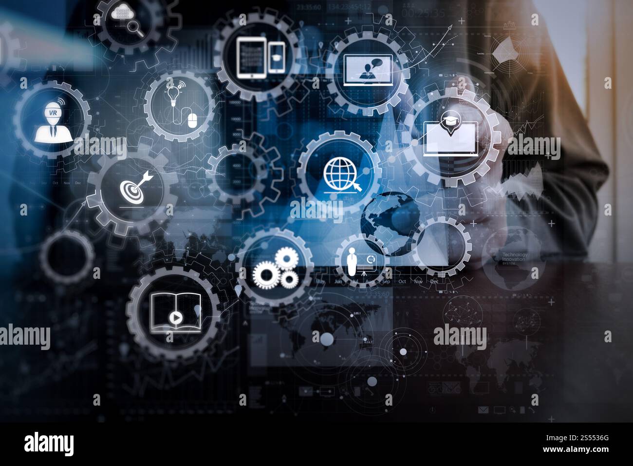 E-learning with connected gear cogs connected diagram virtual dashboard ...