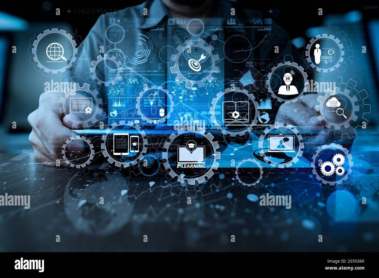 E-learning with connected gear cogs connected diagram virtual dashboard ...