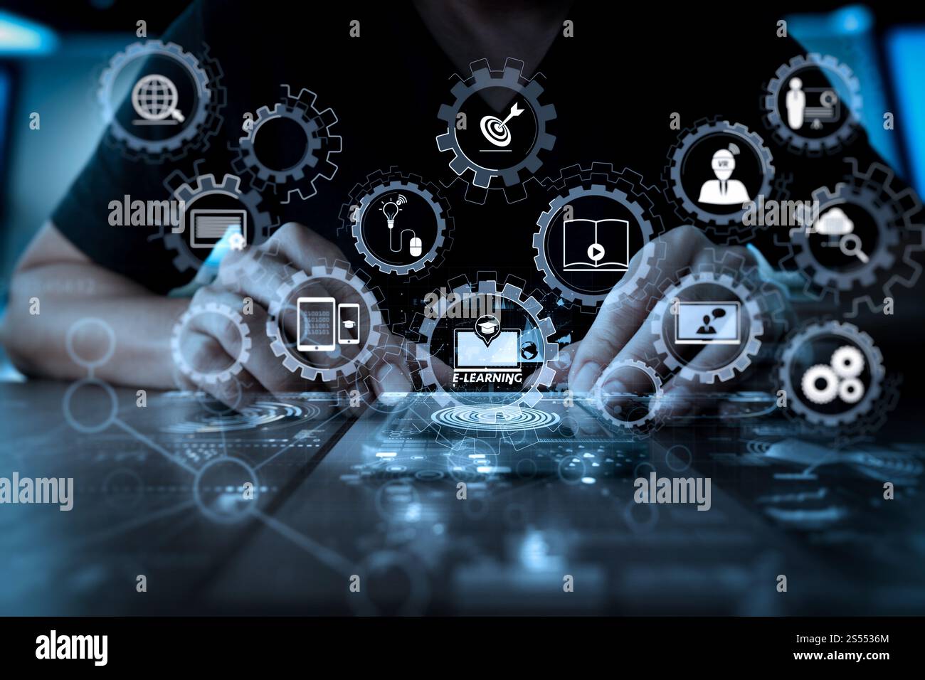 E-learning with connected gear cogs connected diagram virtual dashboard ...