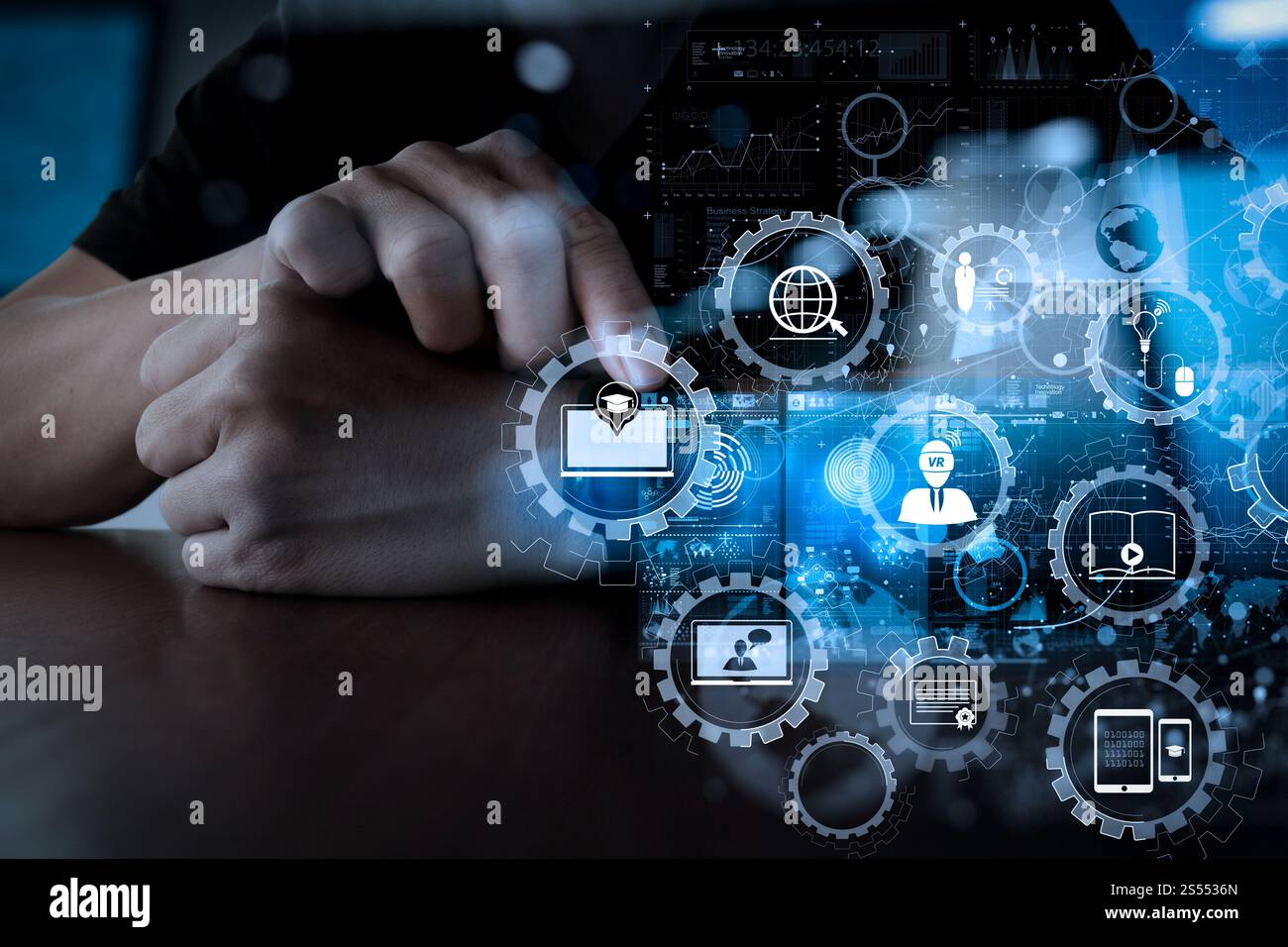 E-learning with connected gear cogs connected diagram virtual dashboard ...