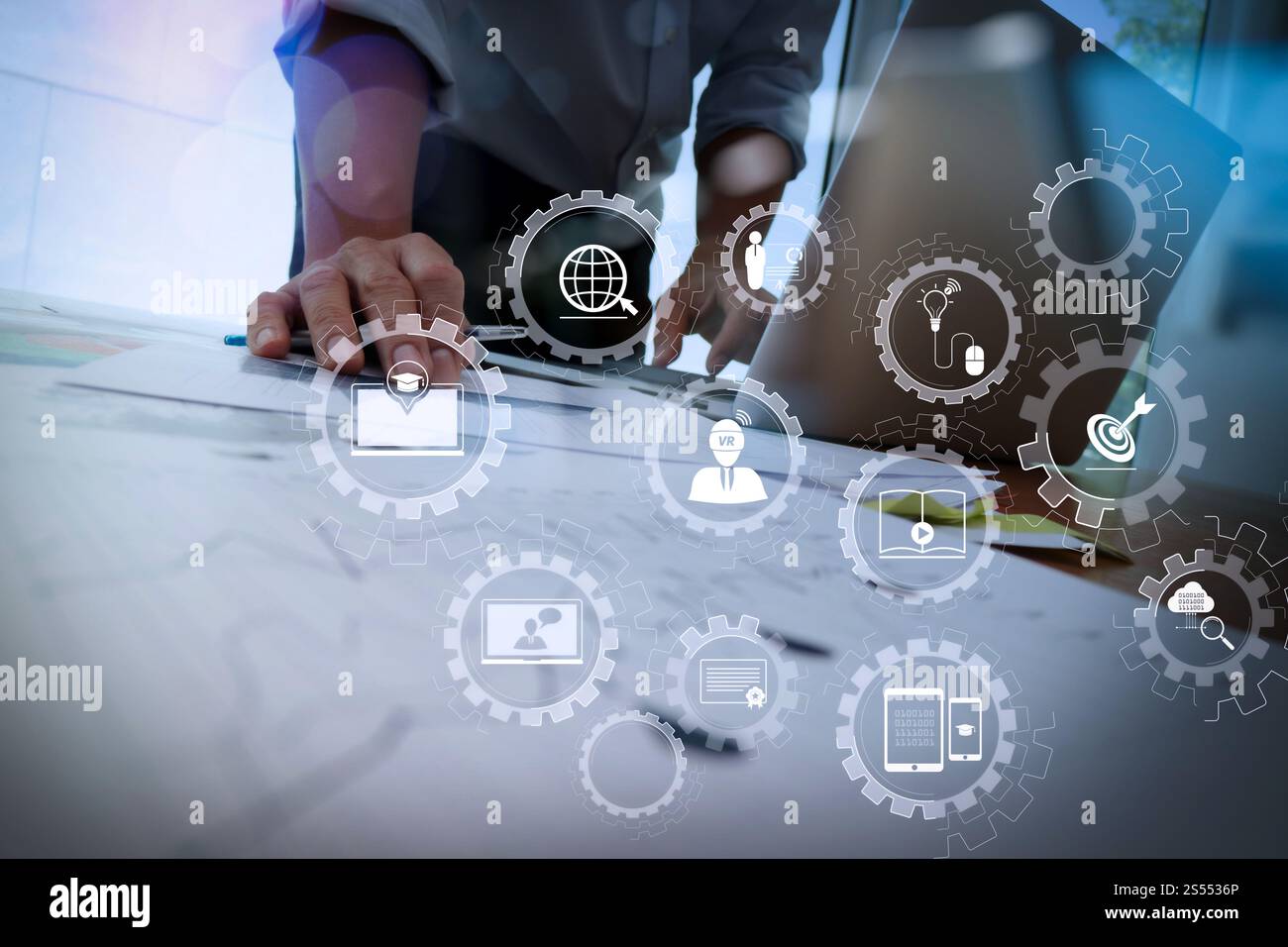 E-learning with connected gear cogs connected diagram virtual dashboard ...