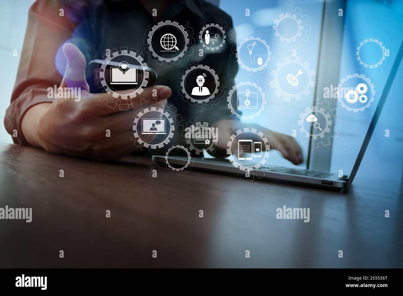 E-learning with connected gear cogs connected diagram virtual dashboard ...