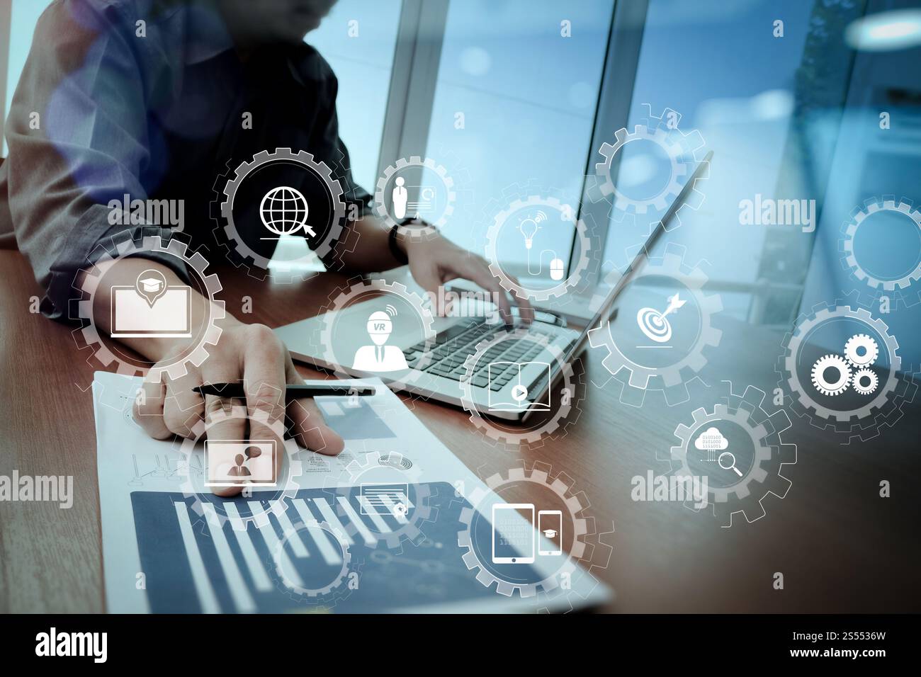 E-learning with connected gear cogs connected diagram virtual dashboard ...