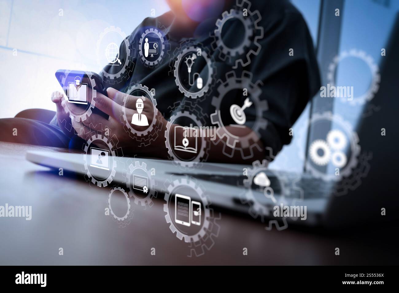 E-learning with connected gear cogs connected diagram virtual dashboard ...
