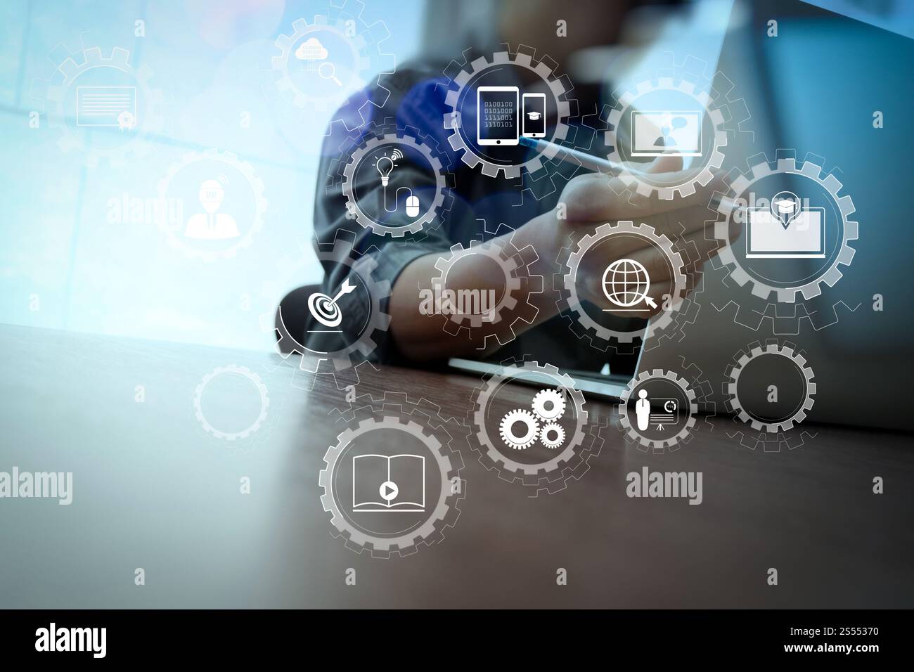 E-learning with connected gear cogs connected diagram virtual dashboard ...