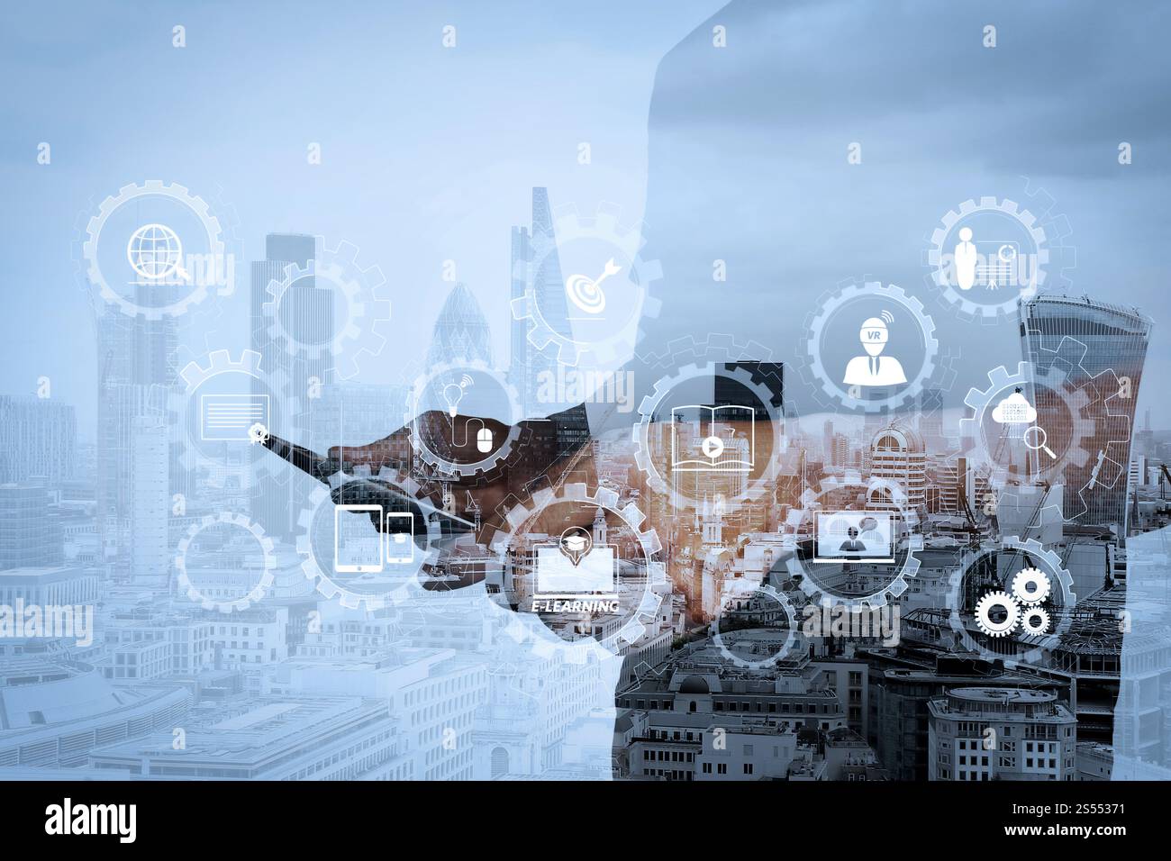 E-learning with connected gear cogs connected diagram virtual dashboard ...