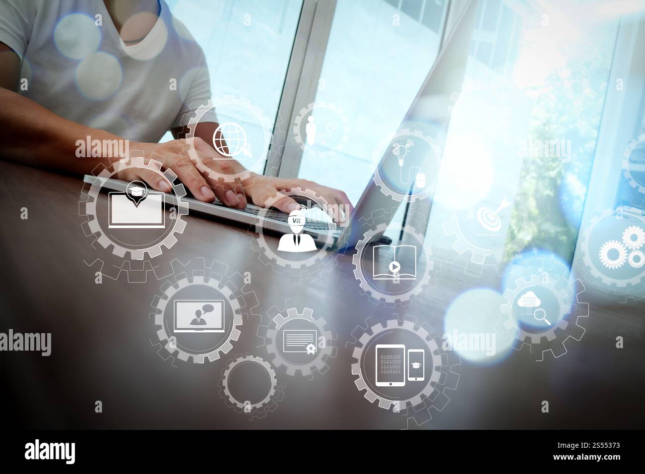 E-learning with connected gear cogs connected diagram virtual dashboard ...
