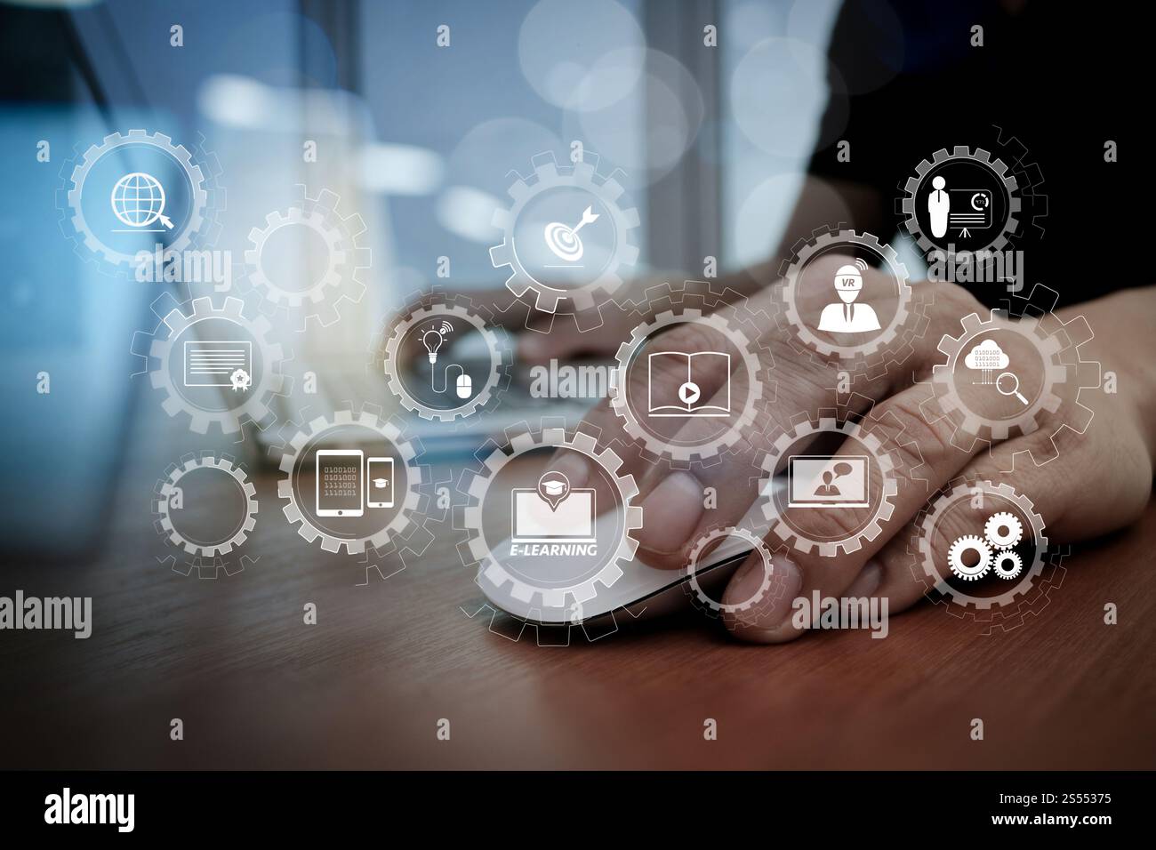 E-learning with connected gear cogs connected diagram virtual dashboard ...