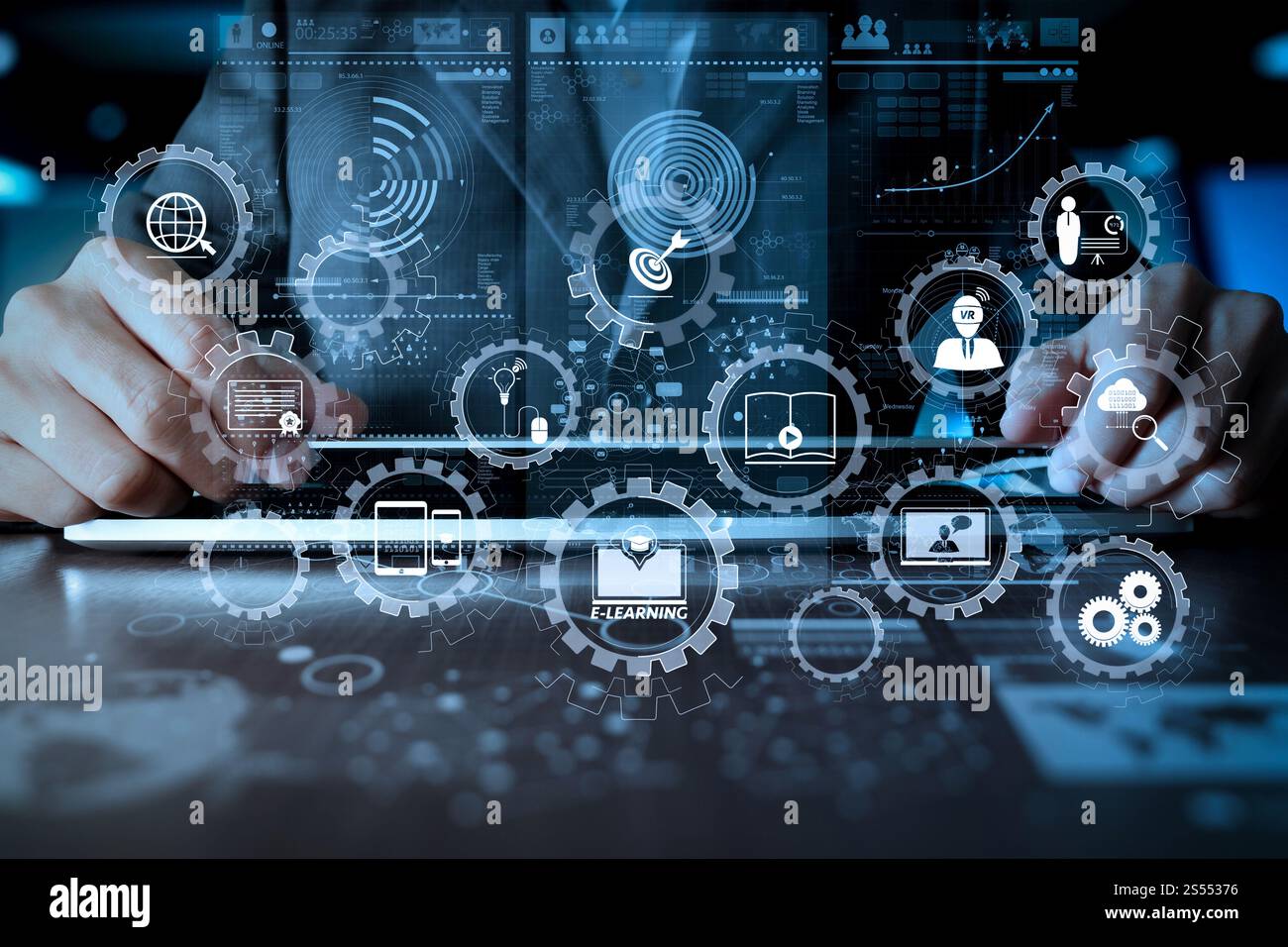 E-learning with connected gear cogs connected diagram virtual dashboard ...