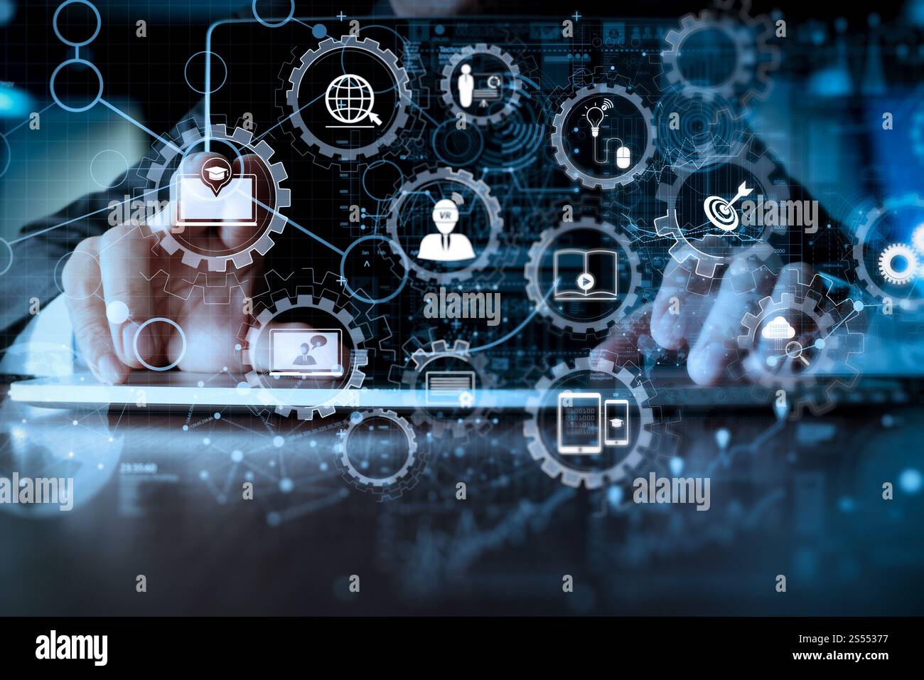 E-learning with connected gear cogs connected diagram virtual dashboard ...
