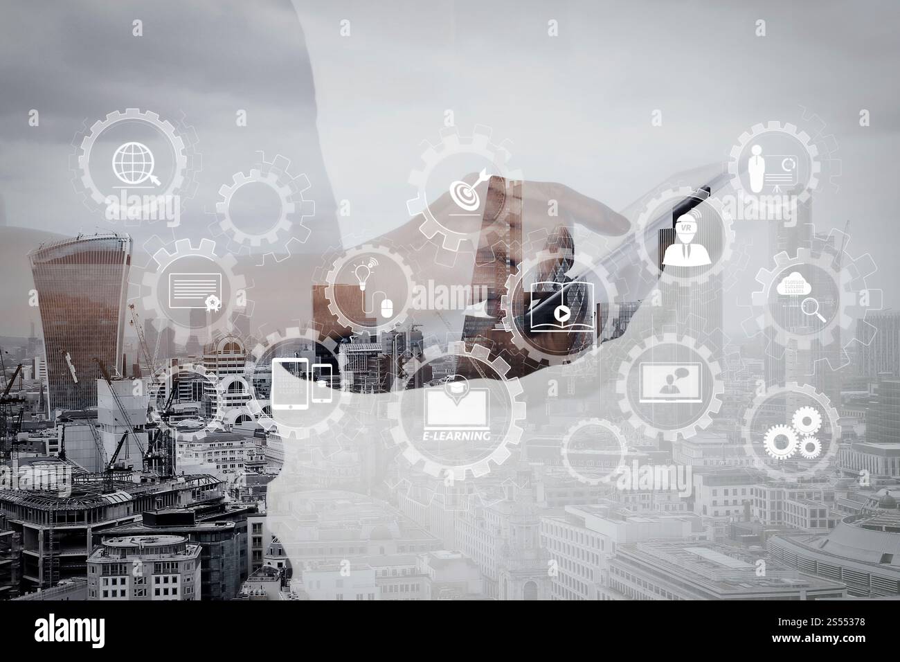E-learning with connected gear cogs connected diagram virtual dashboard ...