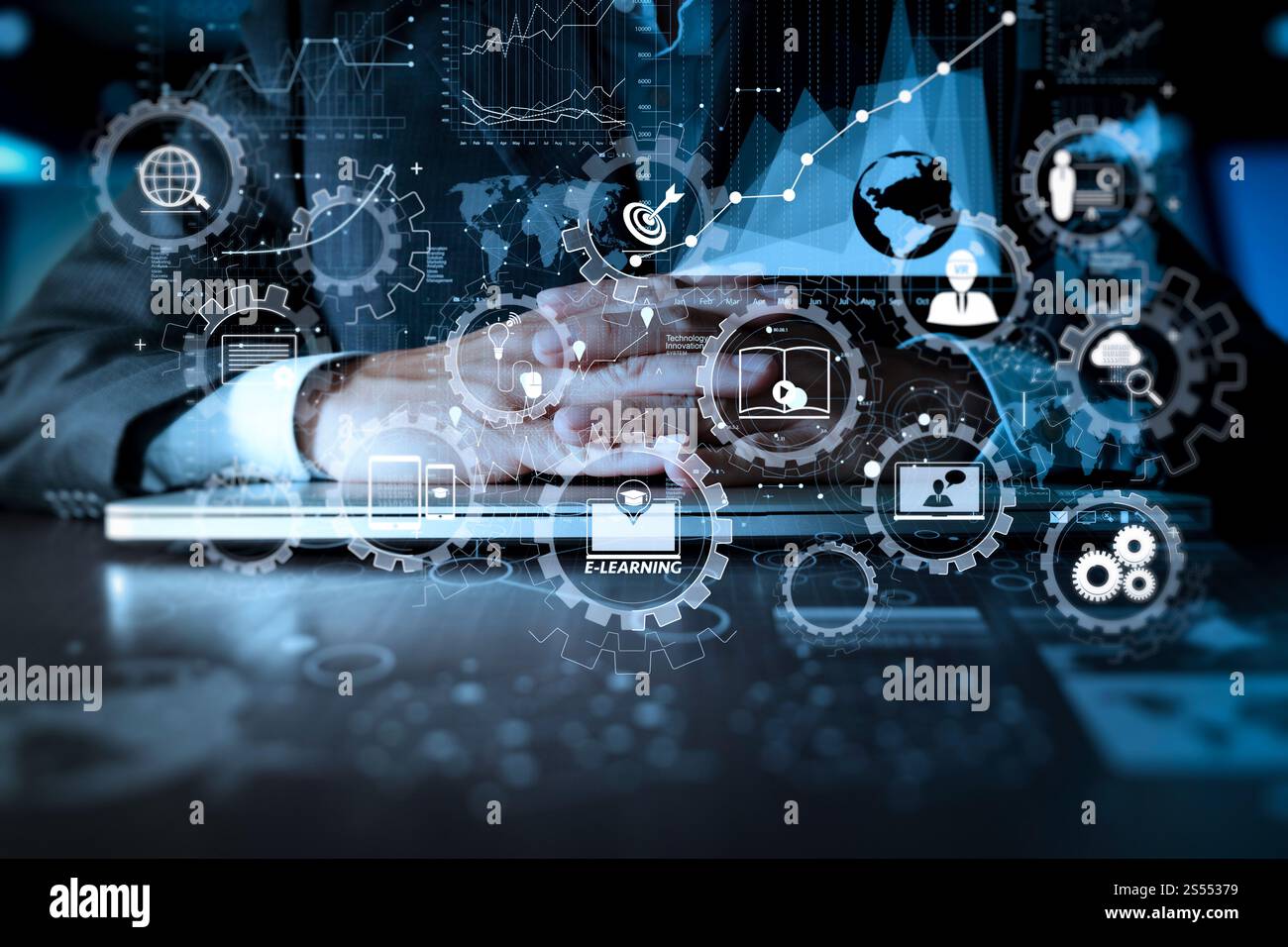 E-learning with connected gear cogs connected diagram virtual dashboard ...