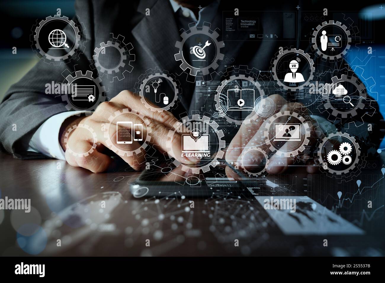 E-learning with connected gear cogs connected diagram virtual dashboard ...