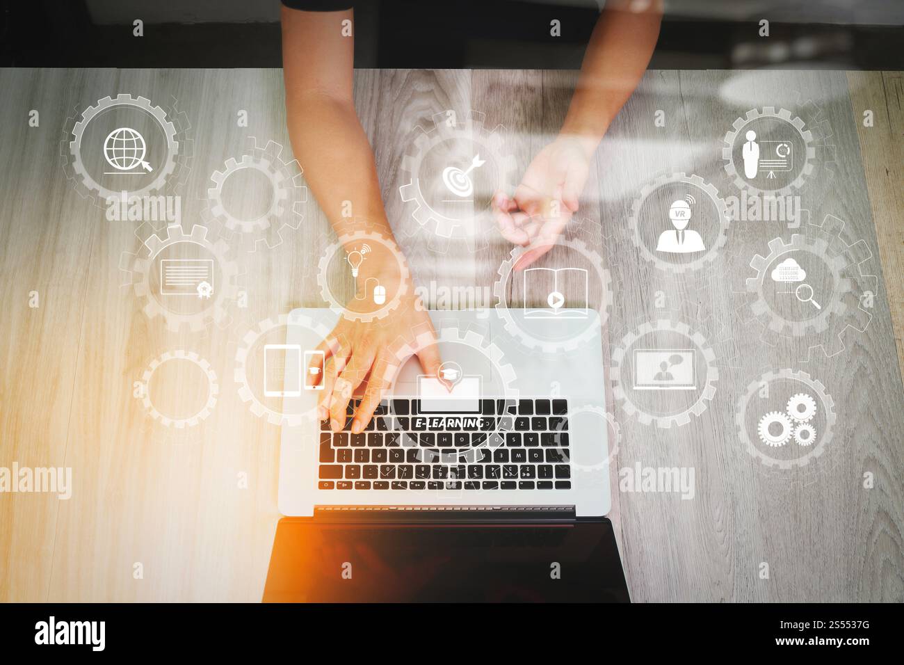 E-learning with connected gear cogs connected diagram virtual dashboard ...