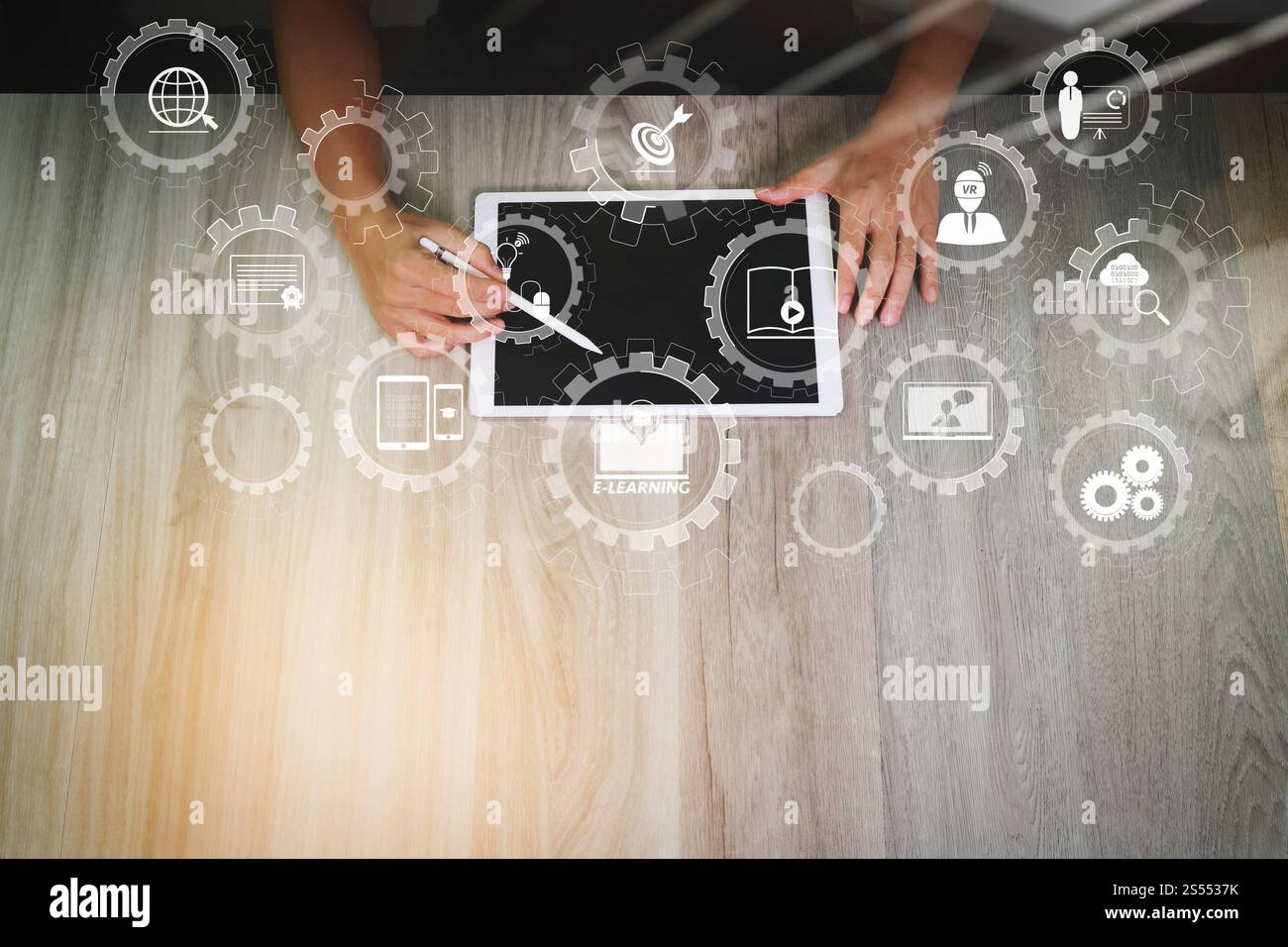 E-learning with connected gear cogs connected diagram virtual dashboard ...