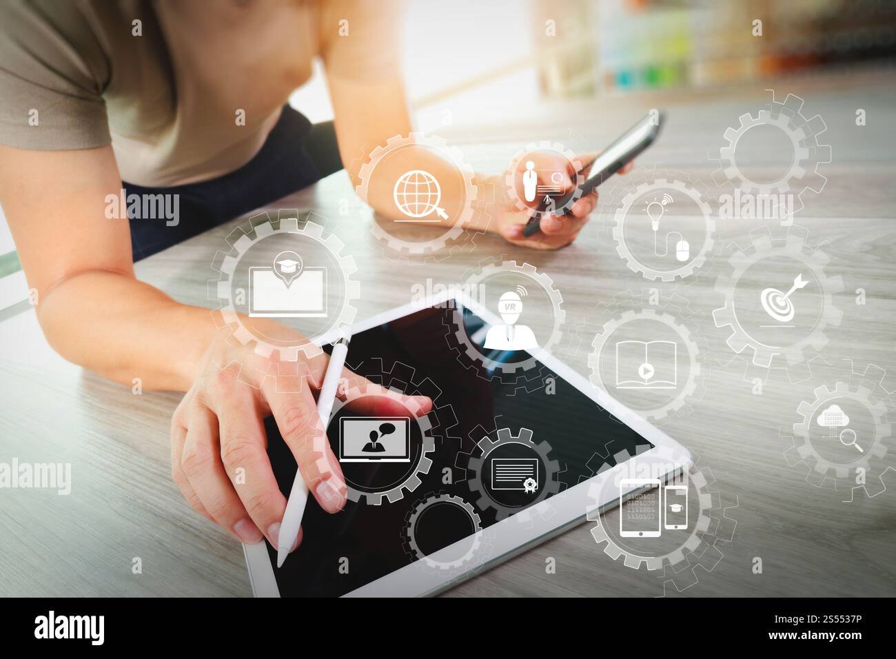 E-learning with connected gear cogs connected diagram virtual dashboard ...