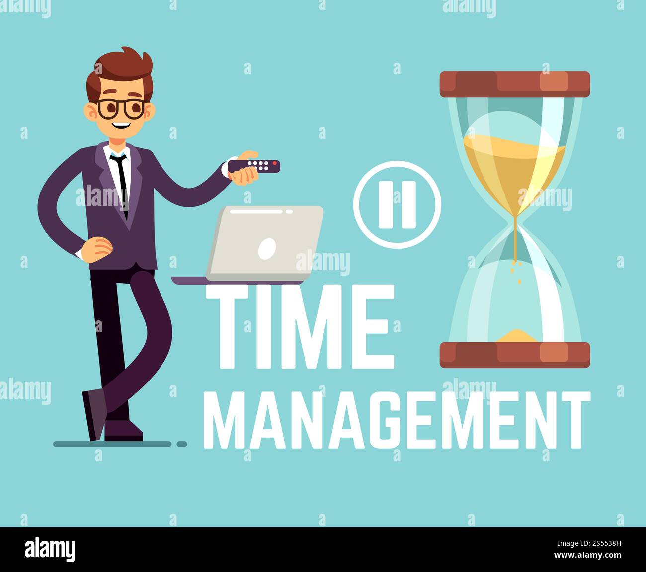 Time management business concept with cartoon businessman and clock ...