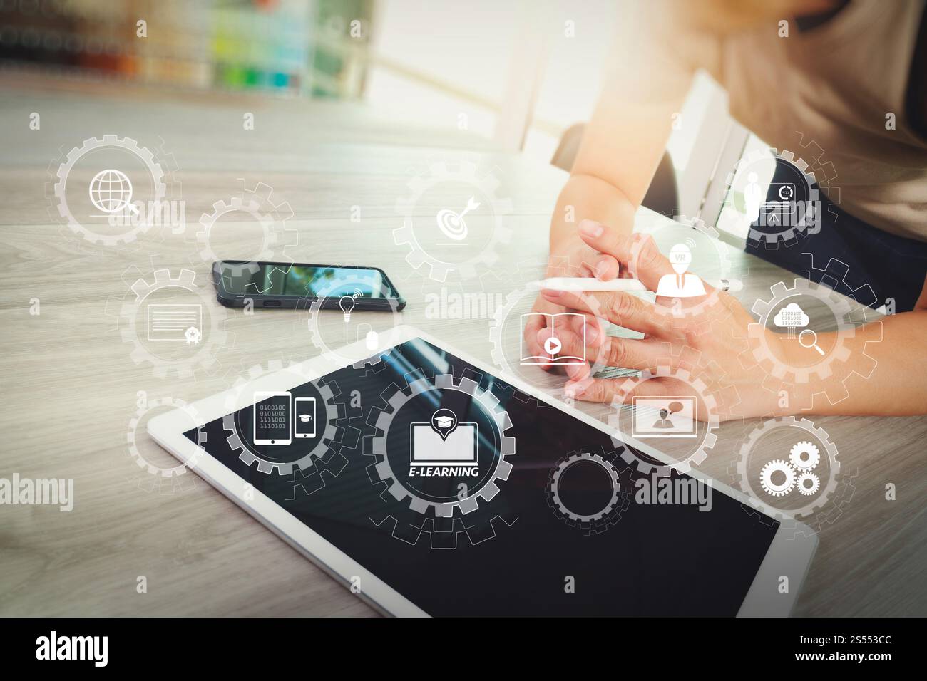 E-learning with connected gear cogs connected diagram virtual dashboard ...